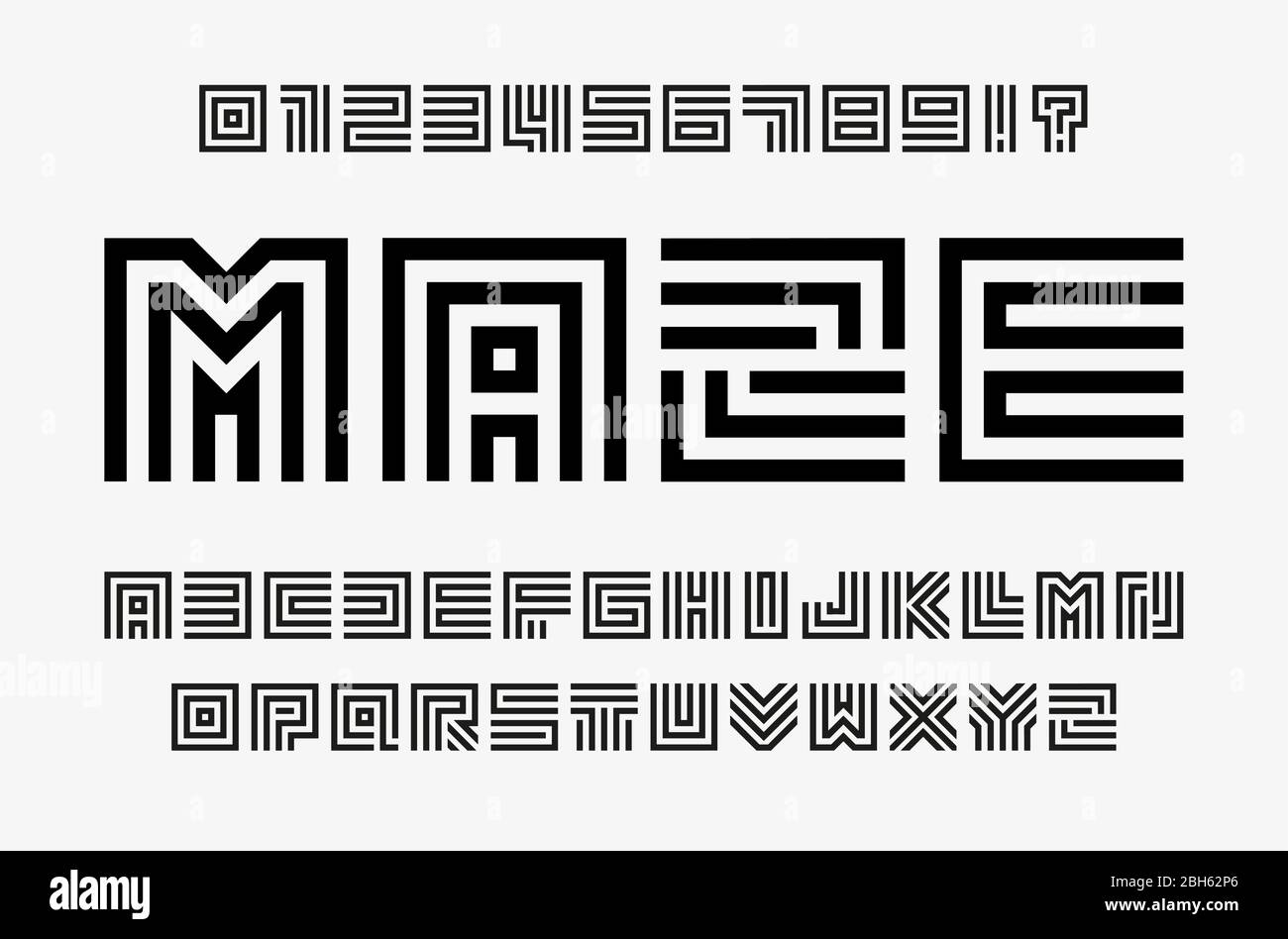 Linear labyrinth letters and numbers set. Line maze style alphabet ...