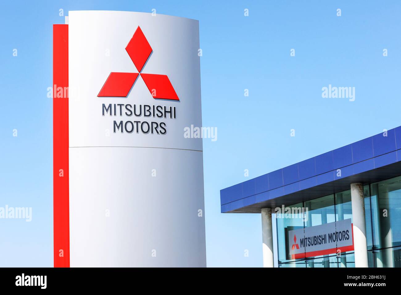 Logo sign for Mitsubishi motors, outside a vehicle outlet, Ayr Stock ...