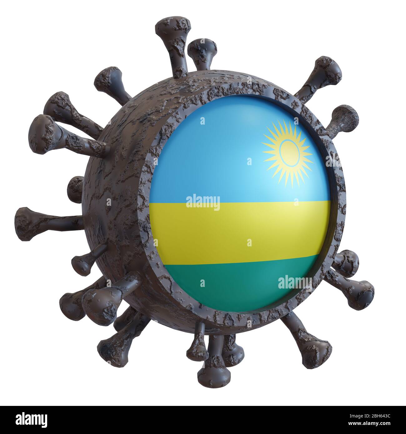 3d rendering of a national Rwanda flag over a virus covid19. Concept of ...