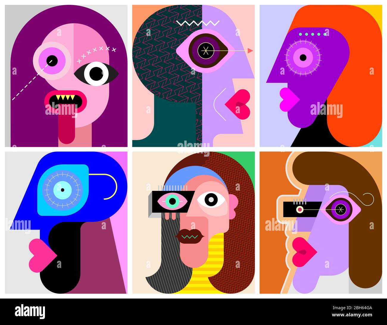 Six Faces, Six Persons modern art vector illustration. Composition of ...