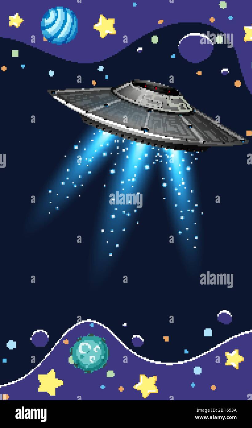 Frame template with UFO flying in space background illustration Stock ...