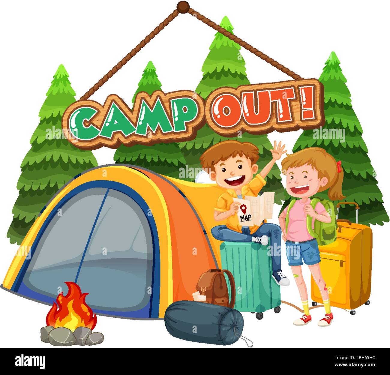 Font design for camp out with tent in the park illustration Stock ...