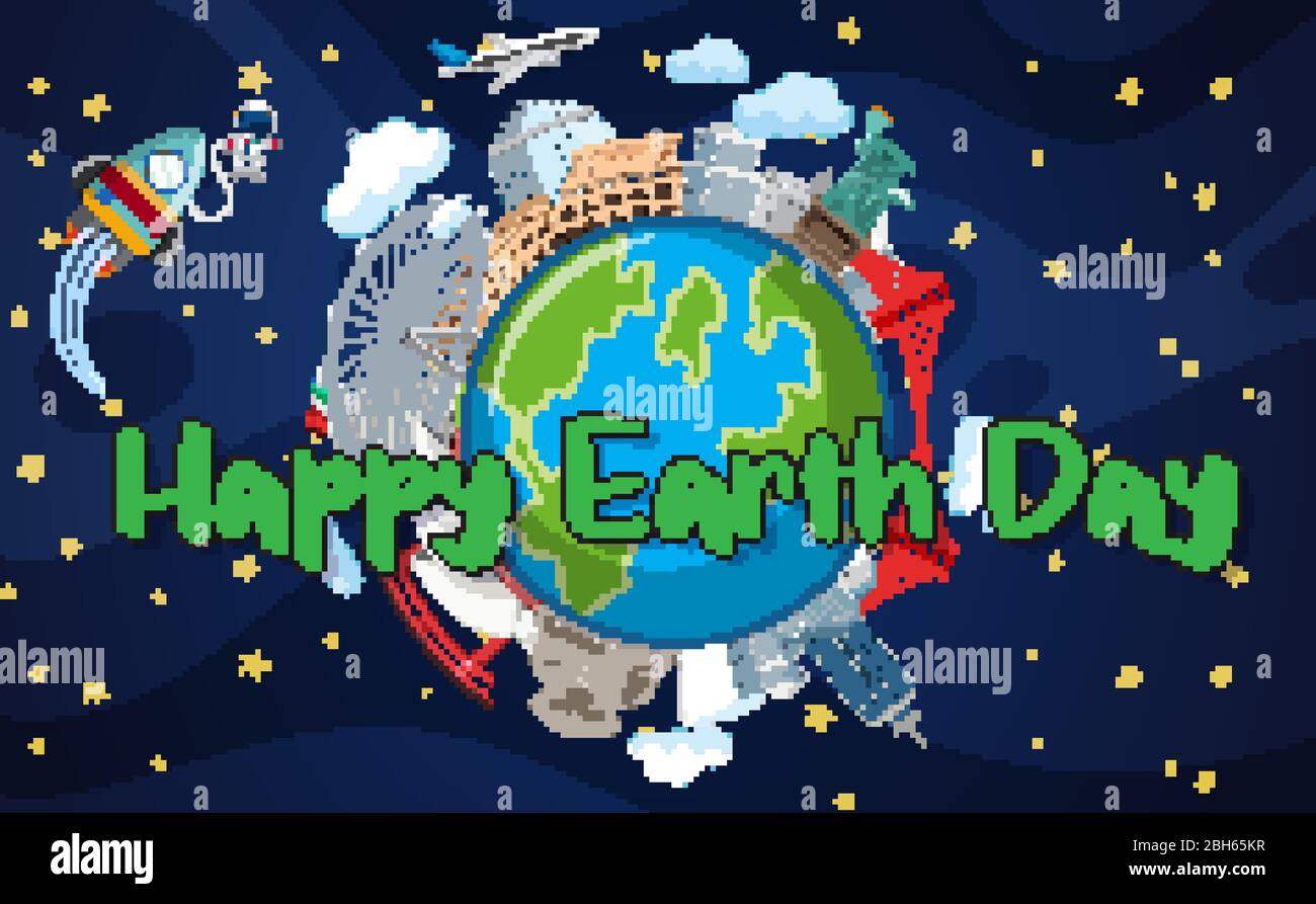 Poster design for happy earth day with buildings around the earth ...