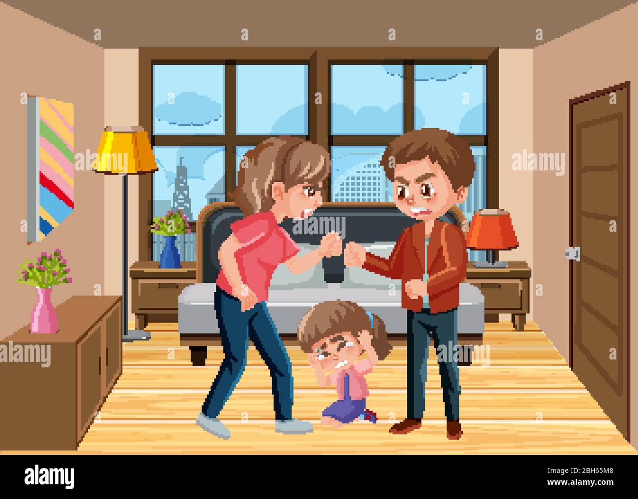 Scene with parents bullying their family at home illustration Stock ...