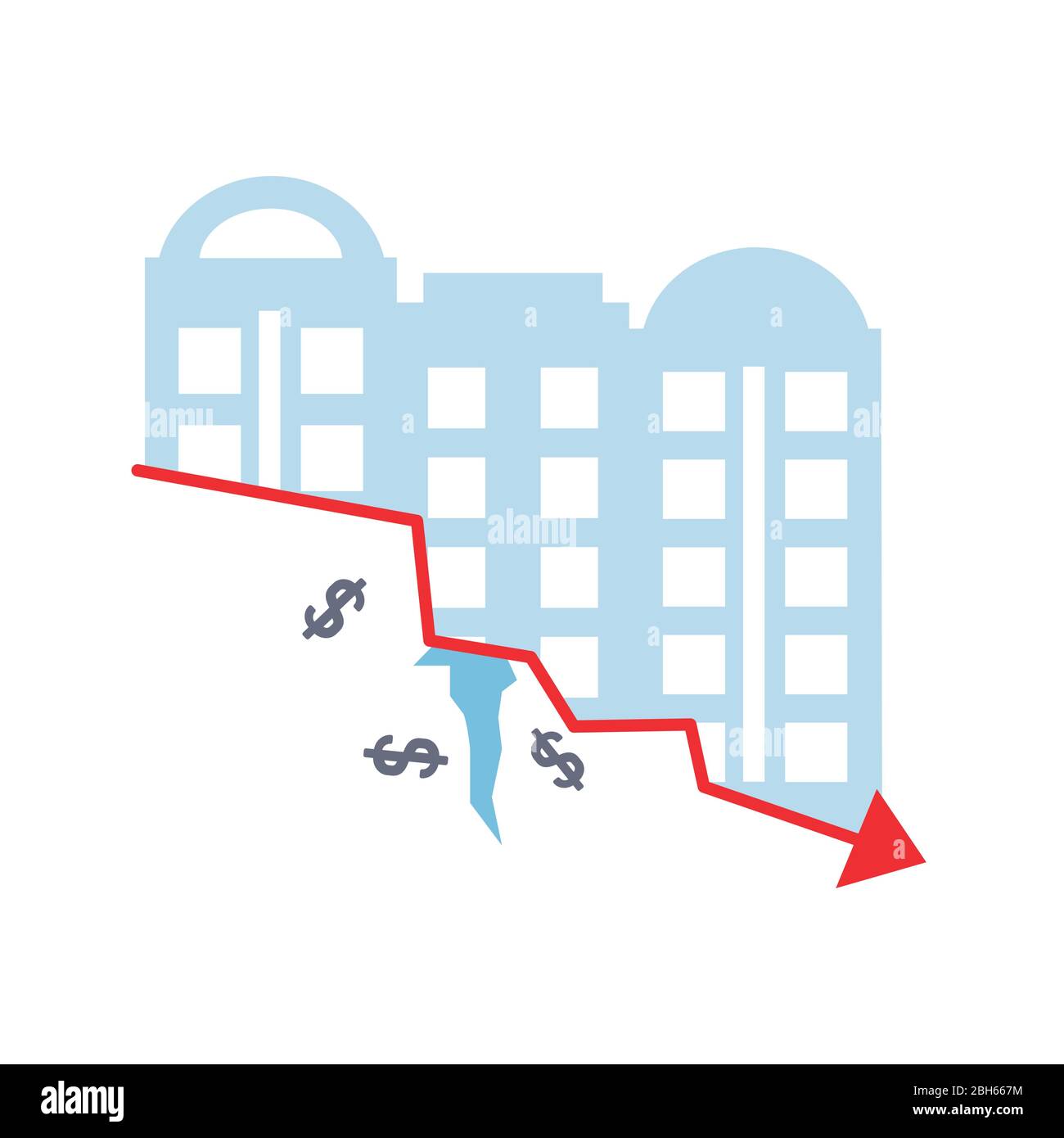 financial arrow down and money symbols falling over white background ...