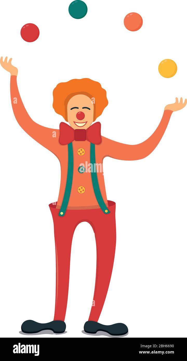 Cheerful clown stand juggling color ball, character male jester ...