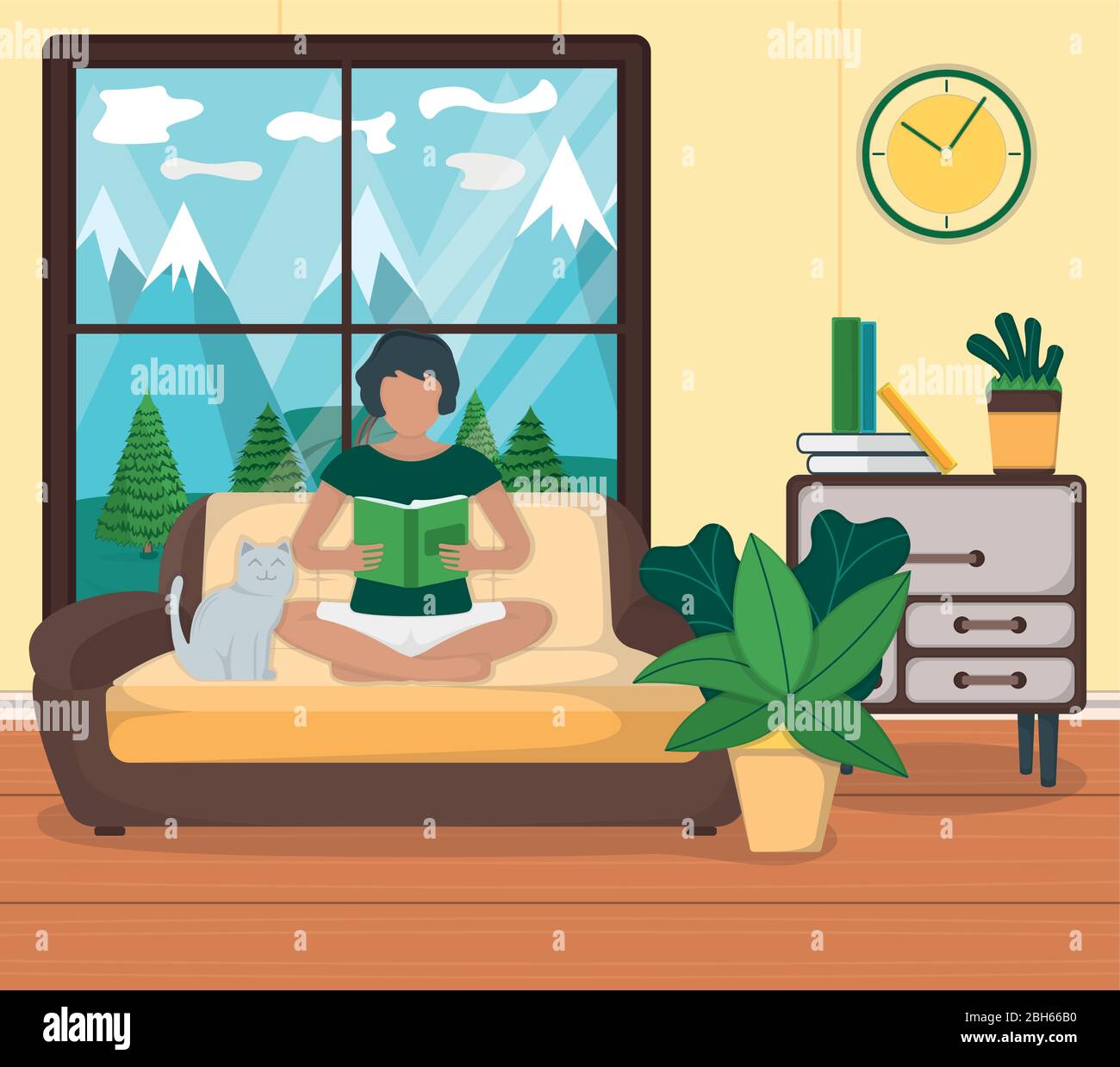 Woman character sitting couch and read book, cozy design interior ...