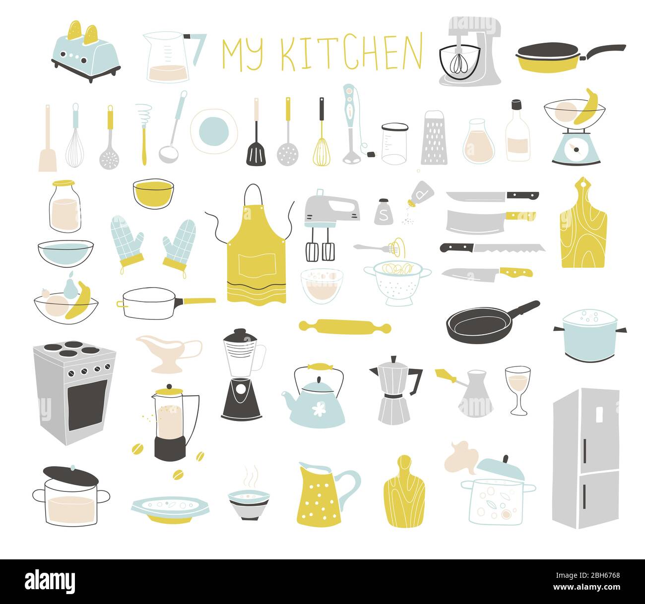Kitchen doodle vector icon set. For modern recipe card template set for ...