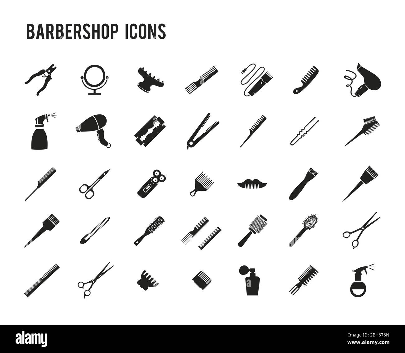 Barbershop equipment, tools, cosmetics vector icons. Black and white ...