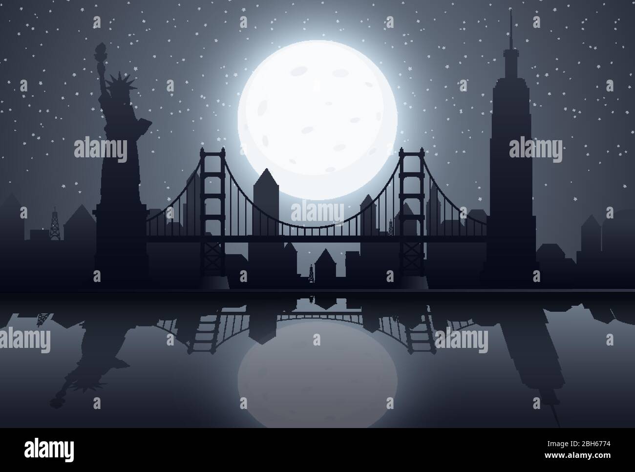 Silhouette scene wtih New York at night time illustration Stock Vector ...