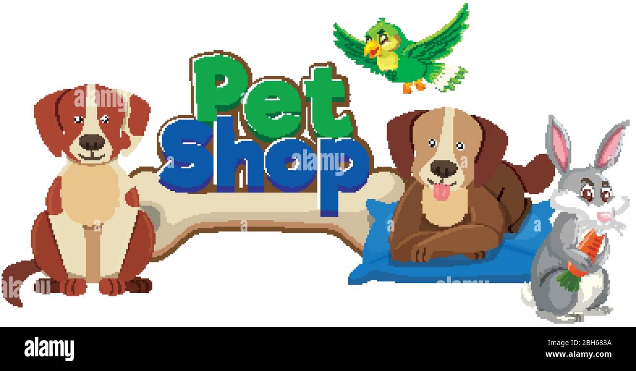 Font design for pet shop with many cute animals illustration Stock ...