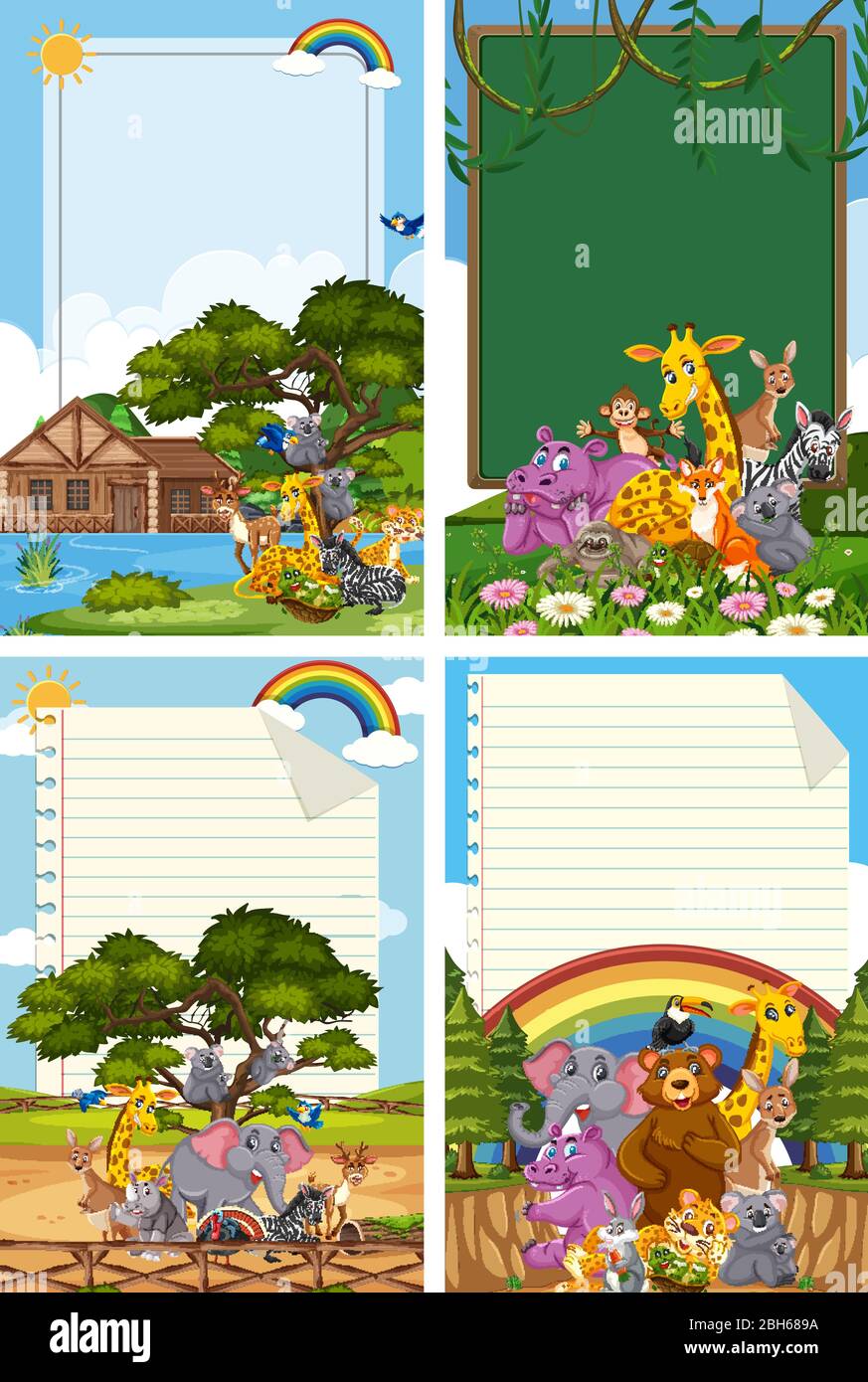 Border template design with many wild animals in background ...
