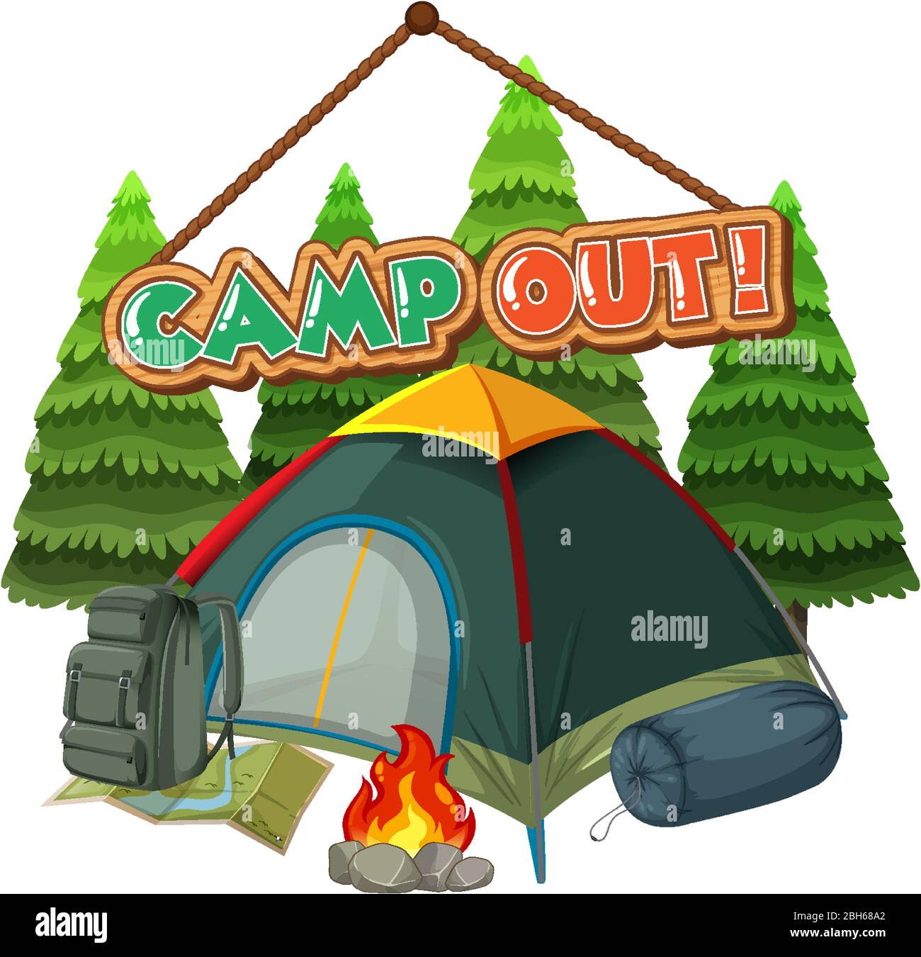Font design for camp out with tent in the park illustration Stock ...