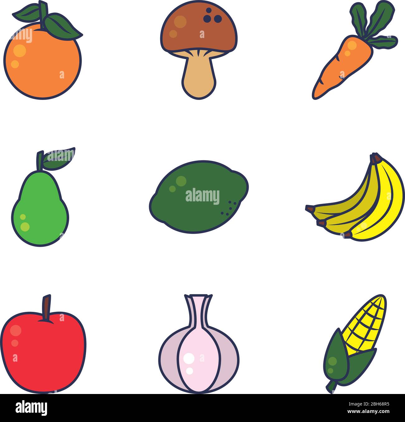 orange, vegetables and fruits icon set over white background, line and ...
