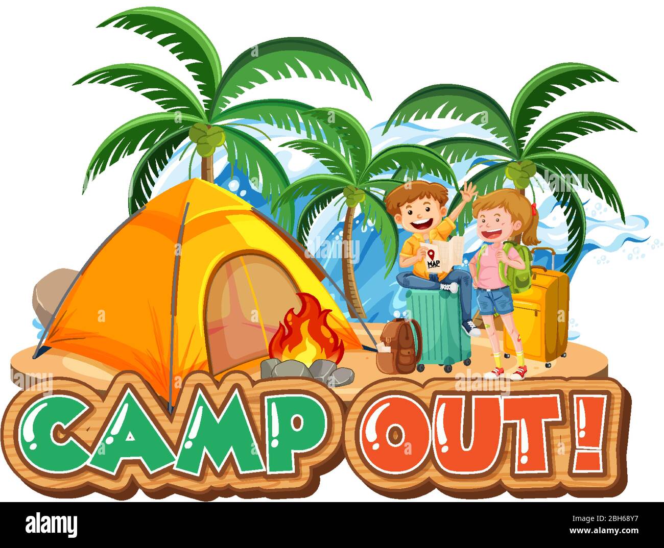 Font design for camp out with tent in the park illustration Stock ...