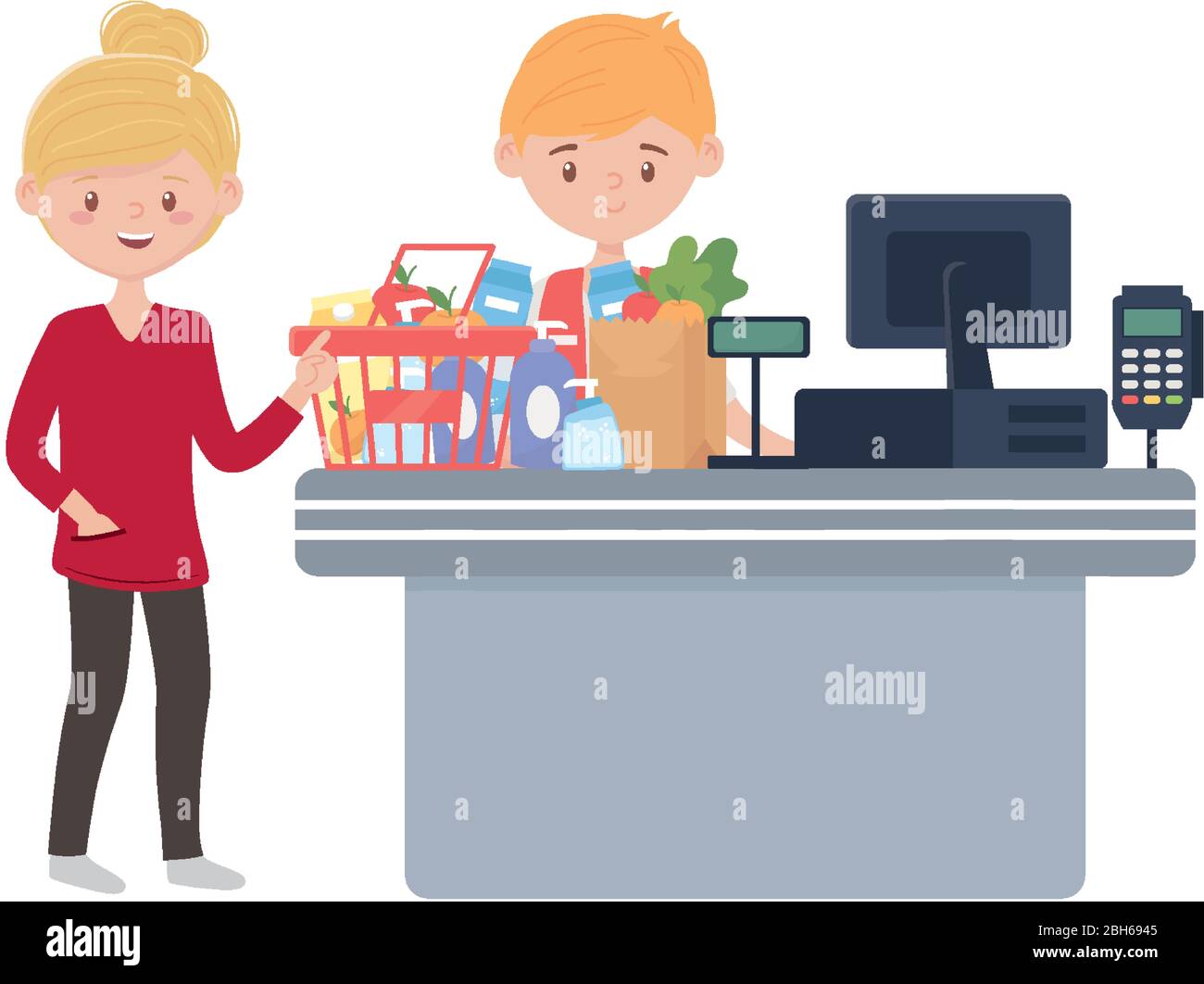 Counter with cash register seller and woman design of Shopping commerce ...