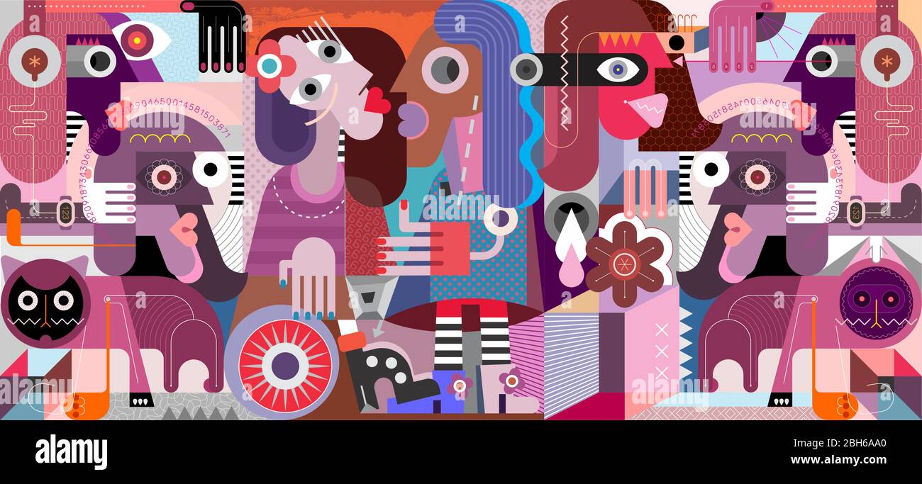 Modern abstract graphic artwork of Large group of people and two cats ...