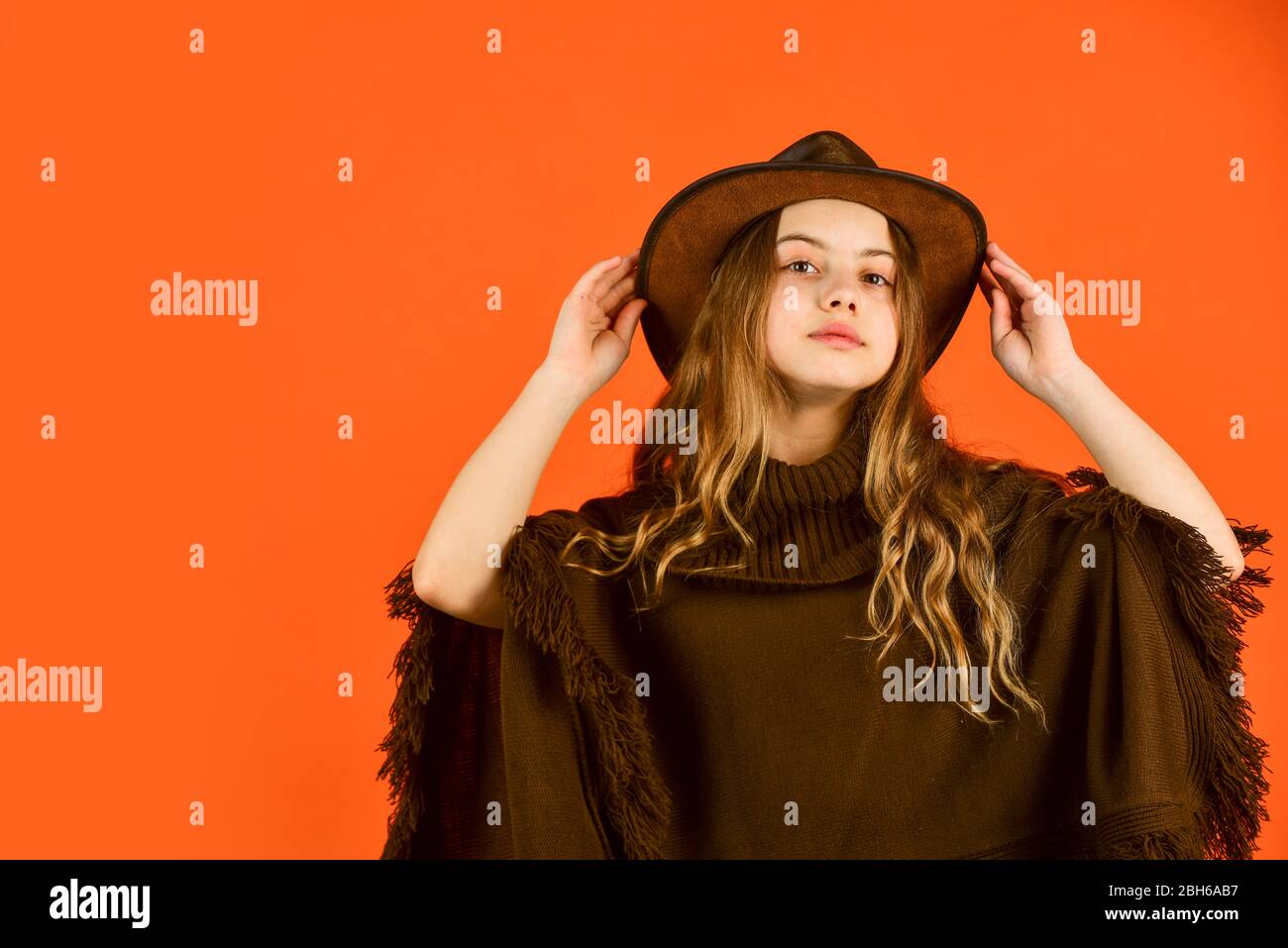 Western soul. Cowboy hat adorable girl. American outfit. Ranch culture ...