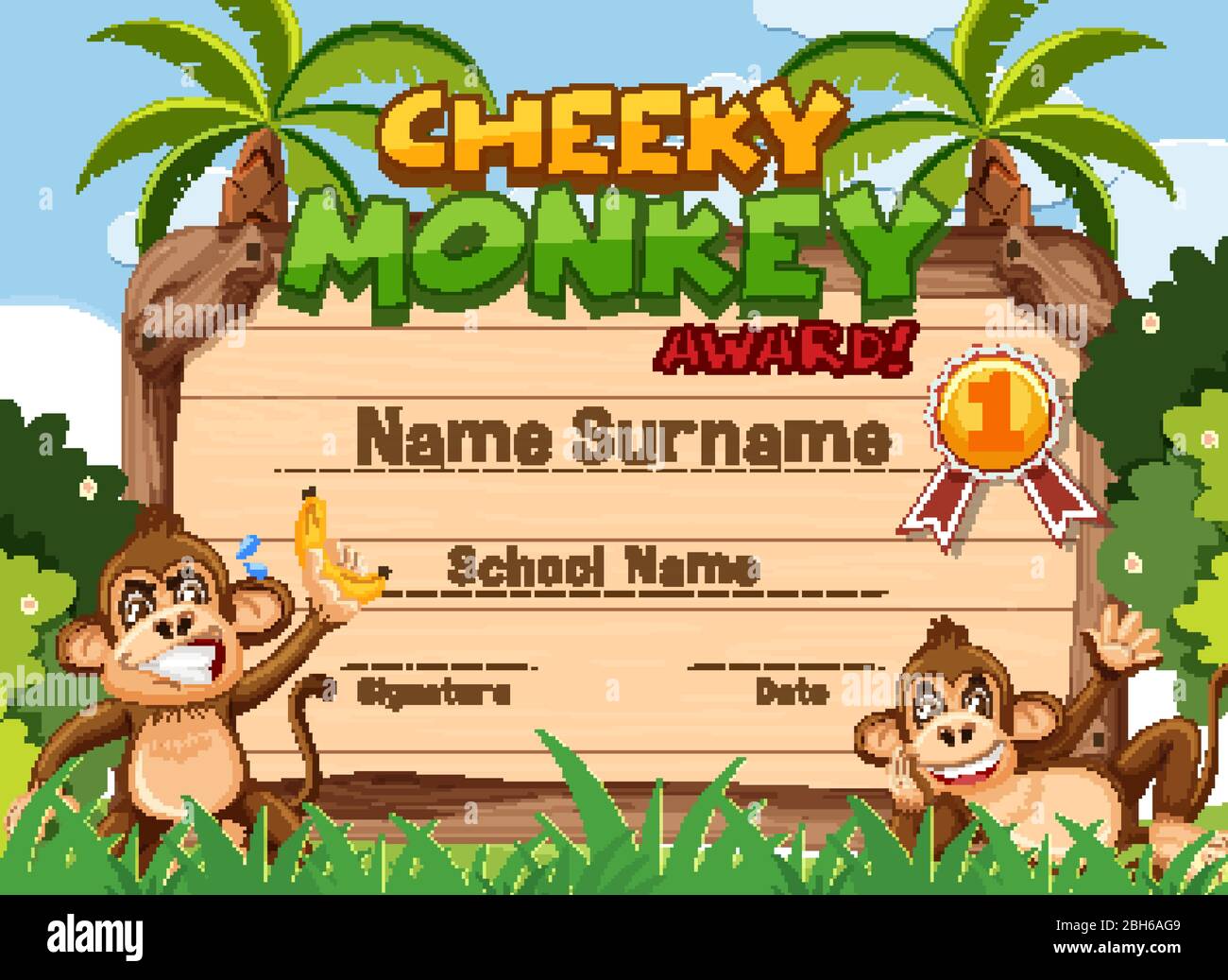 Certificate template design for cheeky monkey award with two monkeys in ...