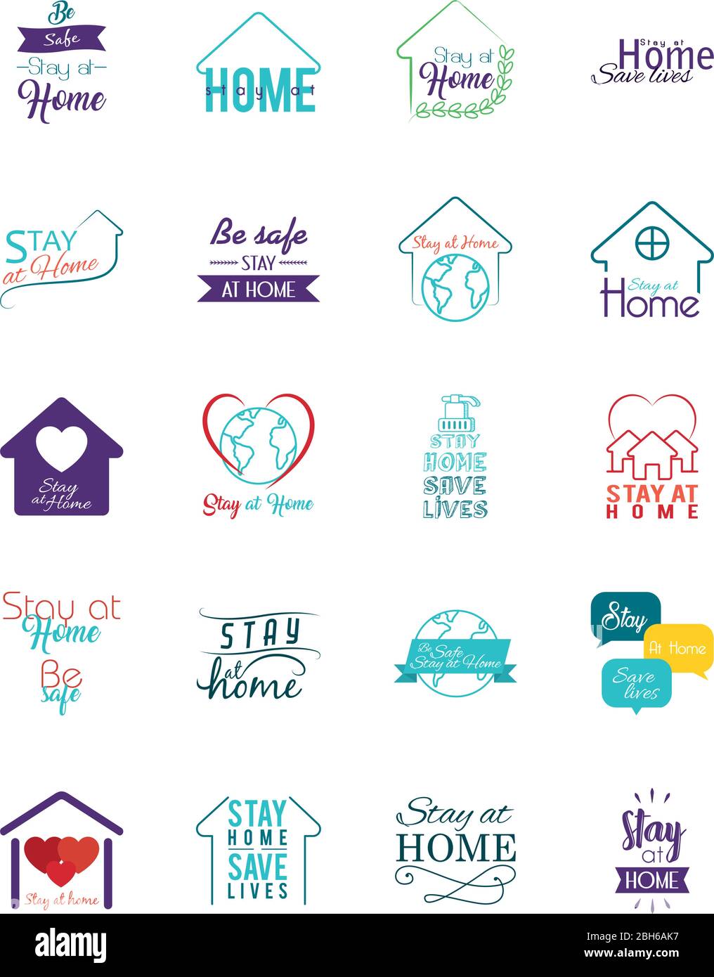 Stay home messages icon set, Lettering typography, Hand letter colorful ...
