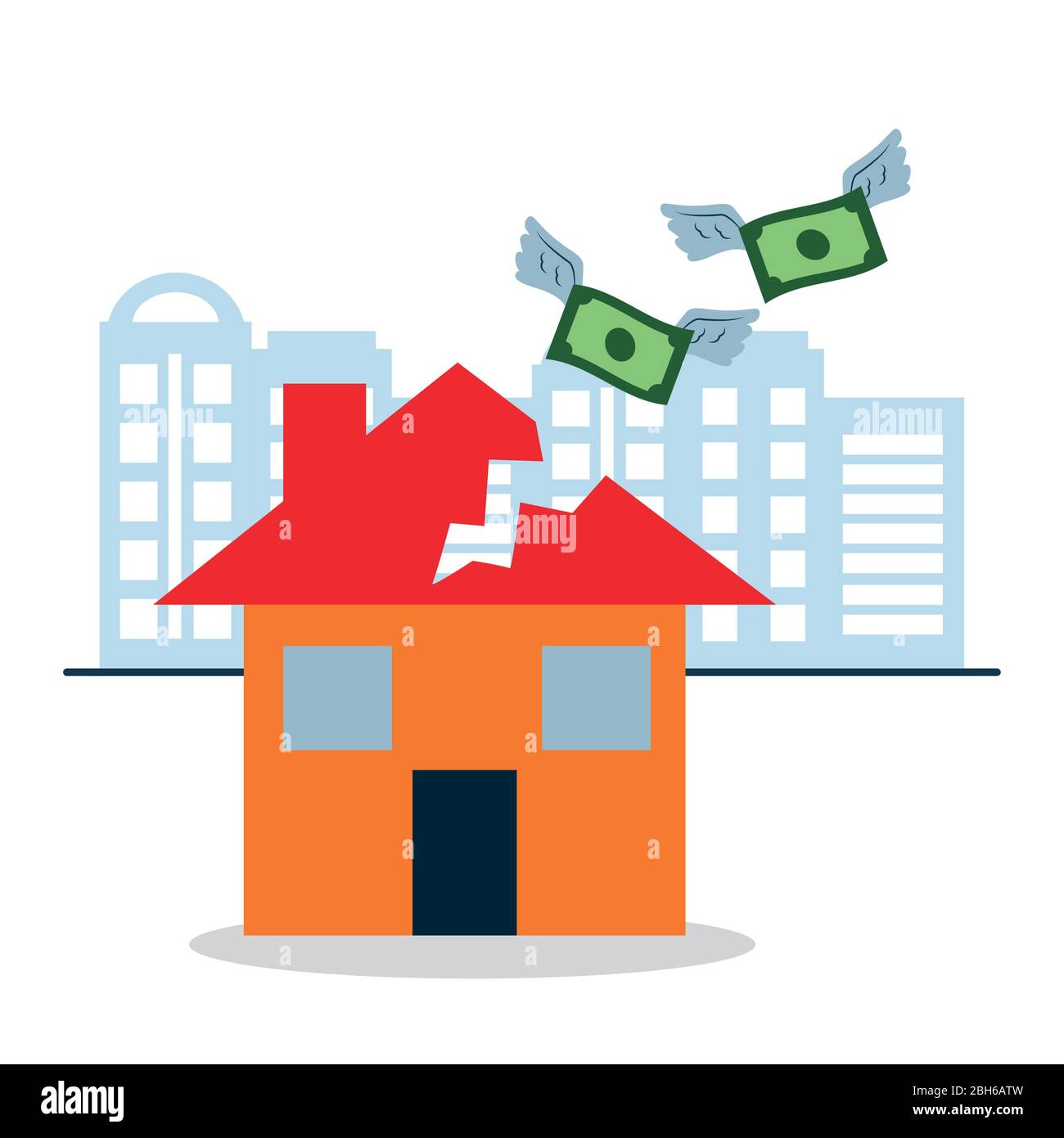 broken house and money bills with wings over white background, colorful ...