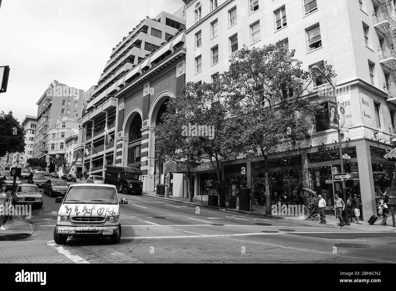 San Francisco building store shop shops hill hills car graffiti tree ...
