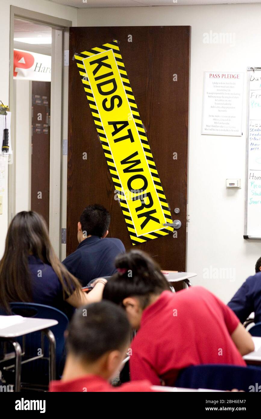 Dallas, Texas, January 23, 2009: "Kids at Work" sign on classroom door ...
