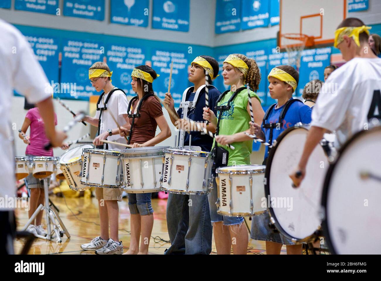 Pflugerville, Texas USA, June 2, 2008. Middle school drum line performs ...