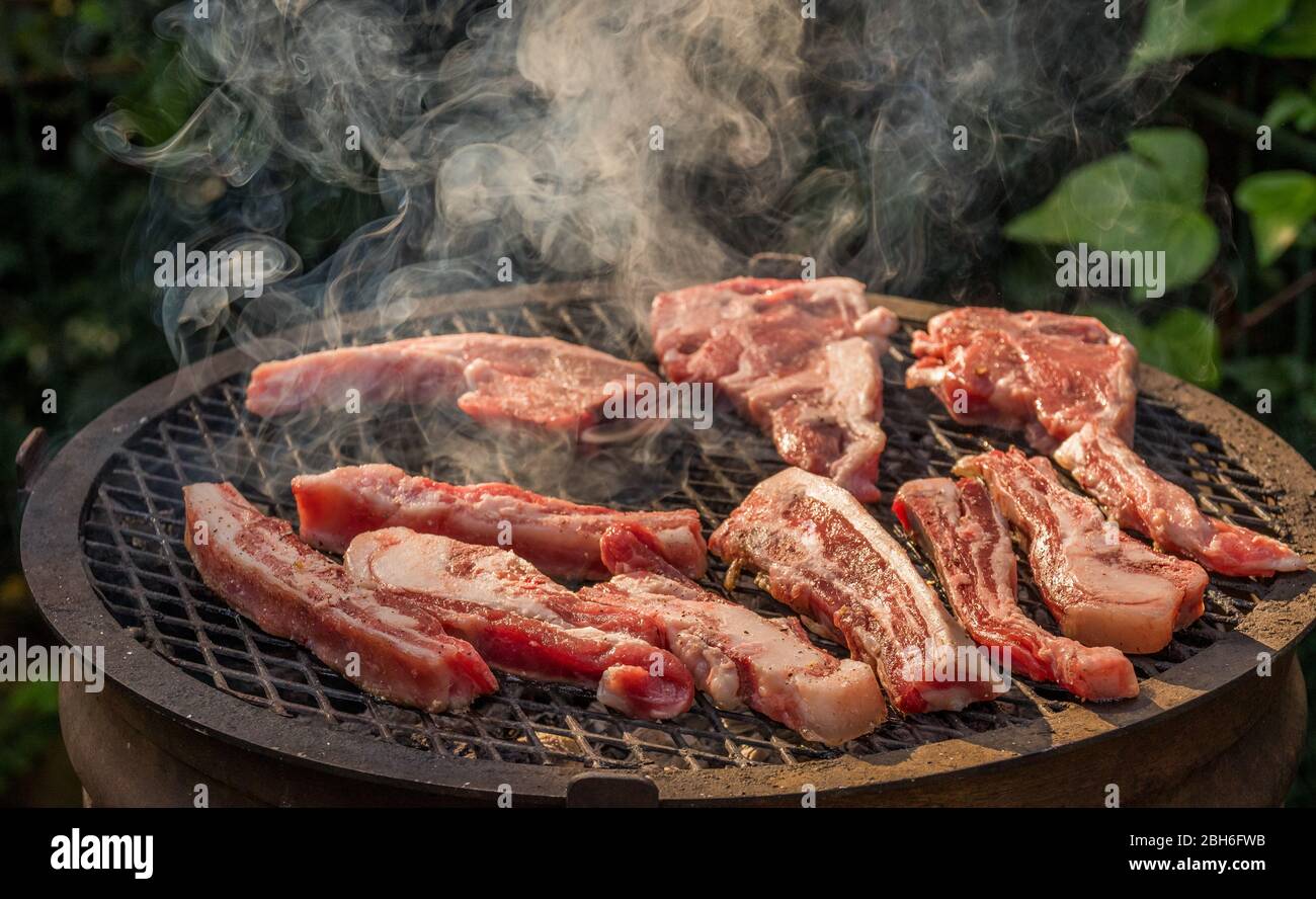 Fresh red raw meat grilled outdoors on an open fire image in horizontal ...