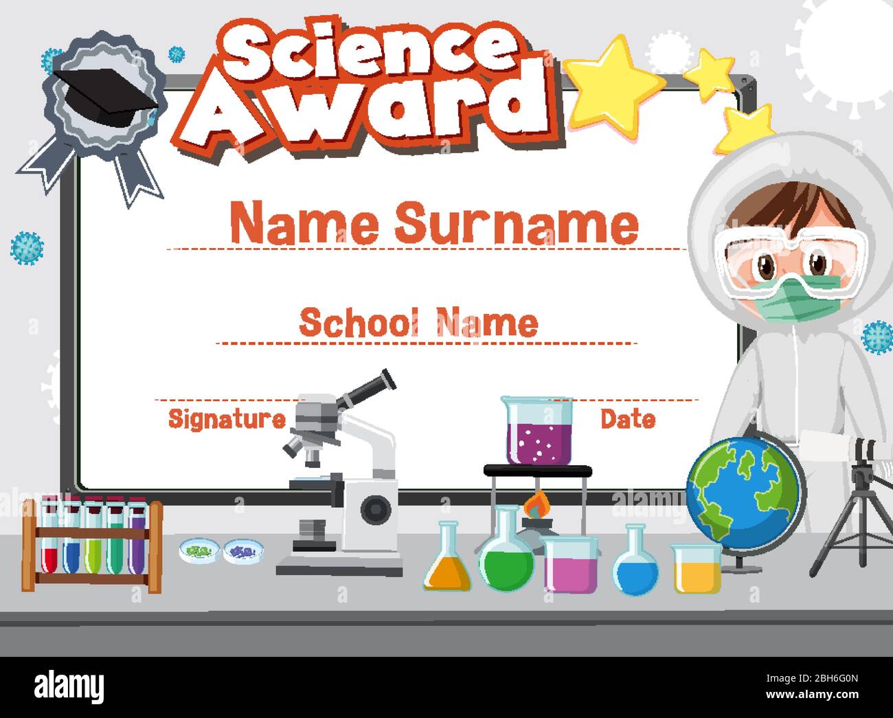 Certificate template for science award with kid in the lab background ...