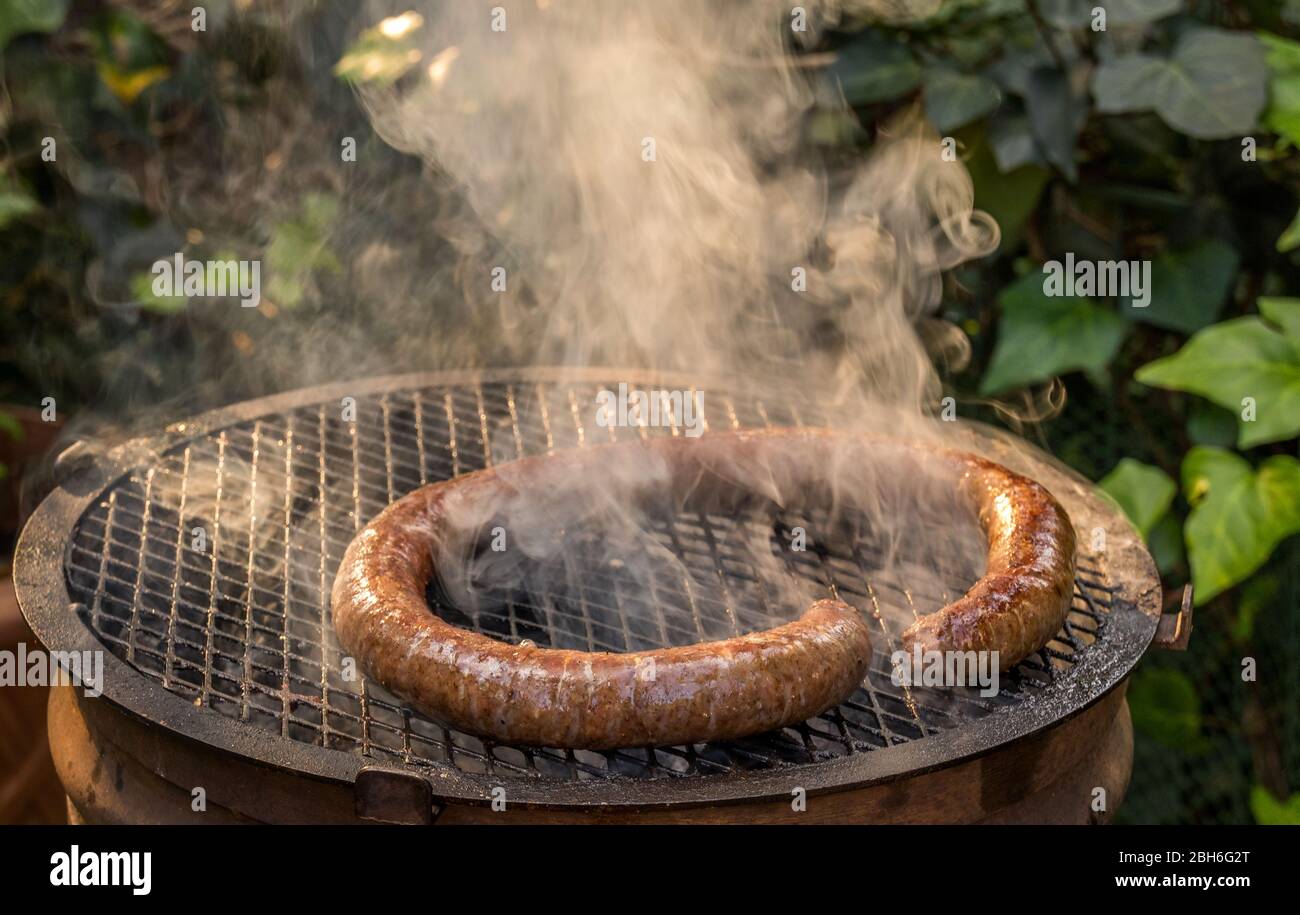 Fresh red raw meat grilled outdoors on an open fire image in horizontal ...