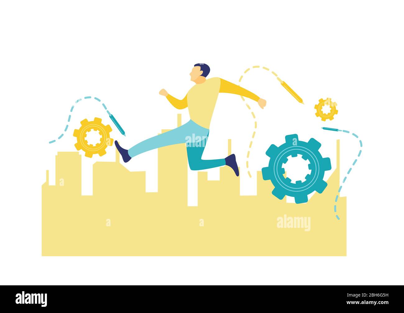 Flat vector illustration, man jumping happily in blue and yellow ...