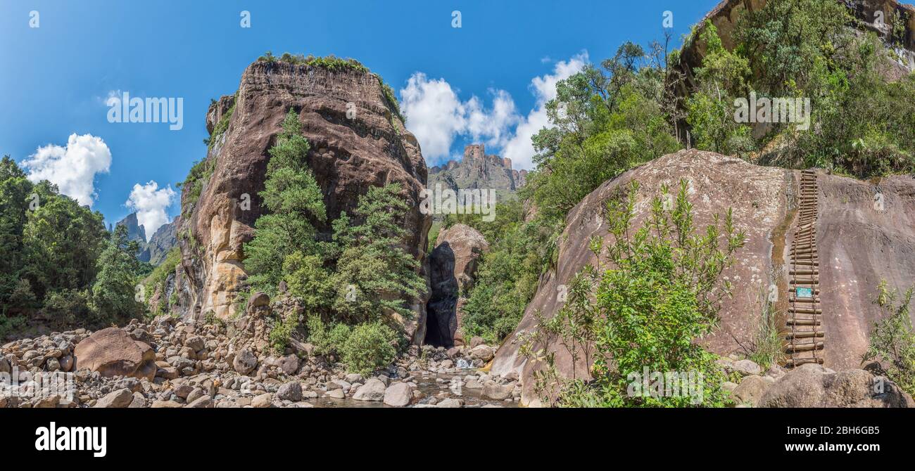 Panoramic view of the Tugela Gorge towards the South. The Devils Tooth ...