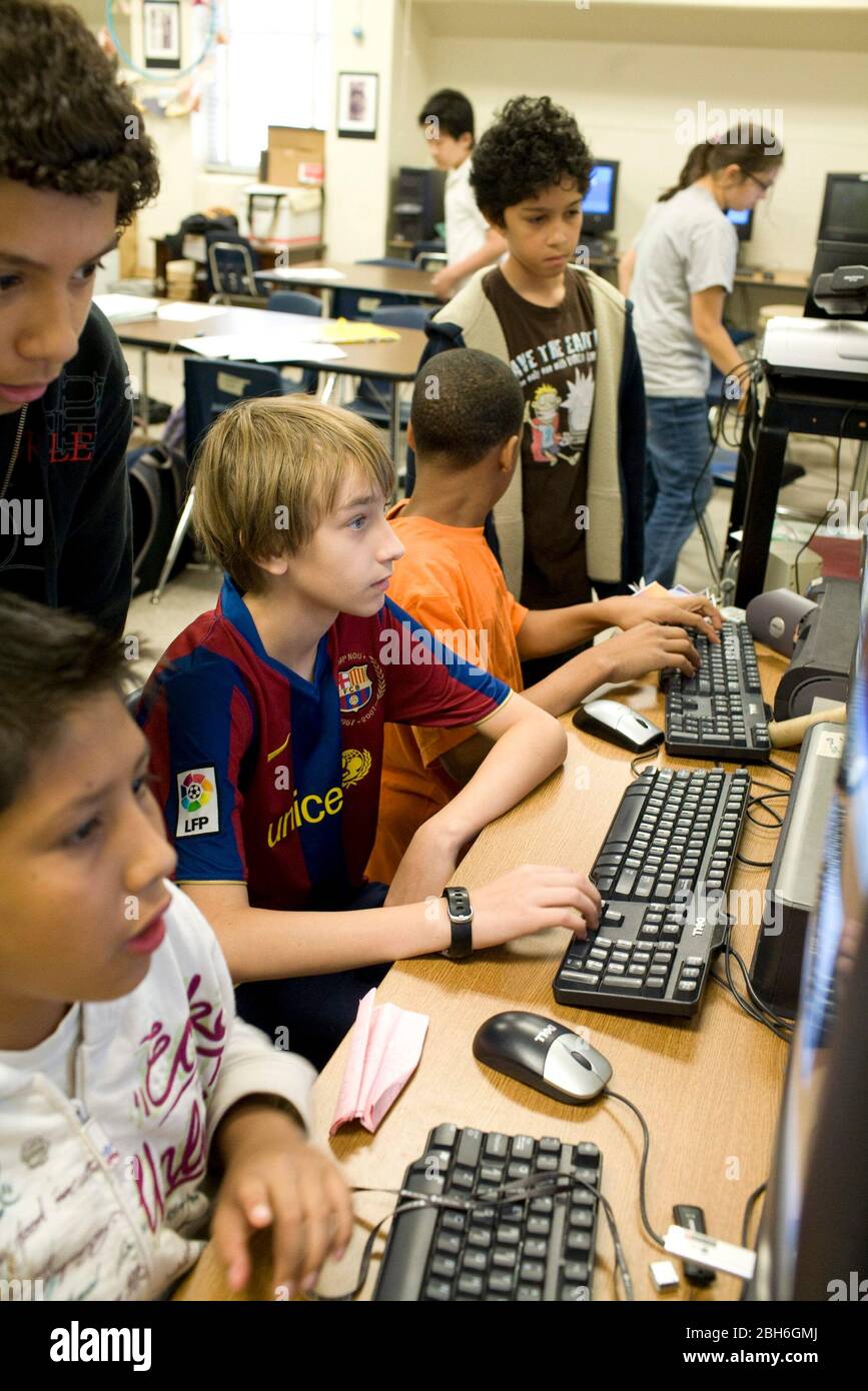 Austin, Texas USA, May 28, 2009: Sixth grade students sit at a bank of ...