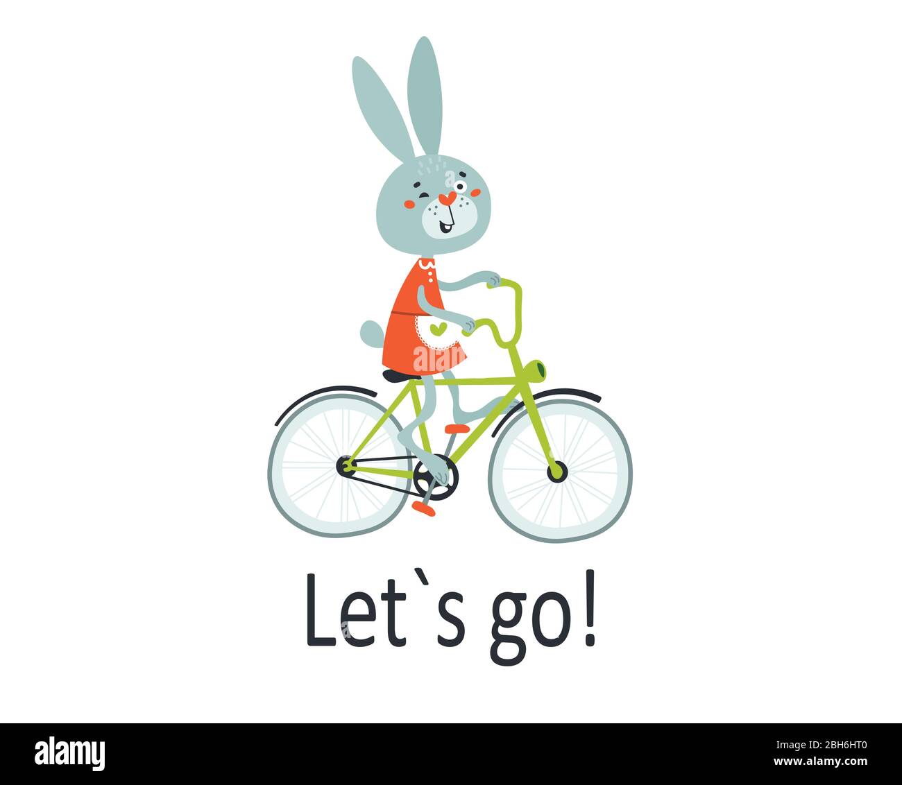 Cute Easter rabbit on bike goes for a walk. Children card, sticker ...