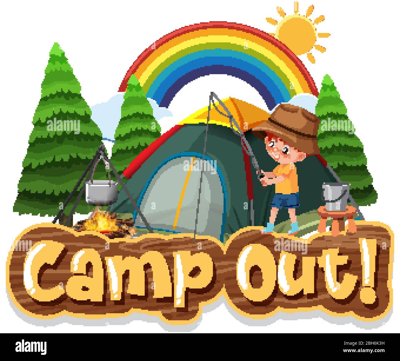 Font design for camp out with tent in the park illustration Stock ...