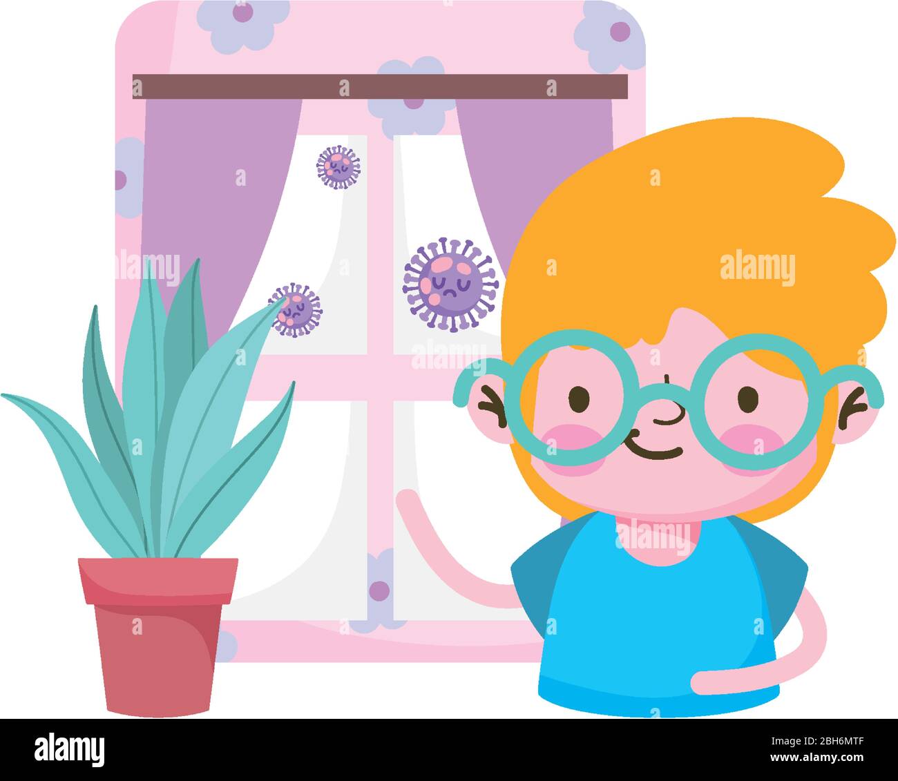 Boy plant window and outside Covid 19 virus design of 2019 ncov cov ...