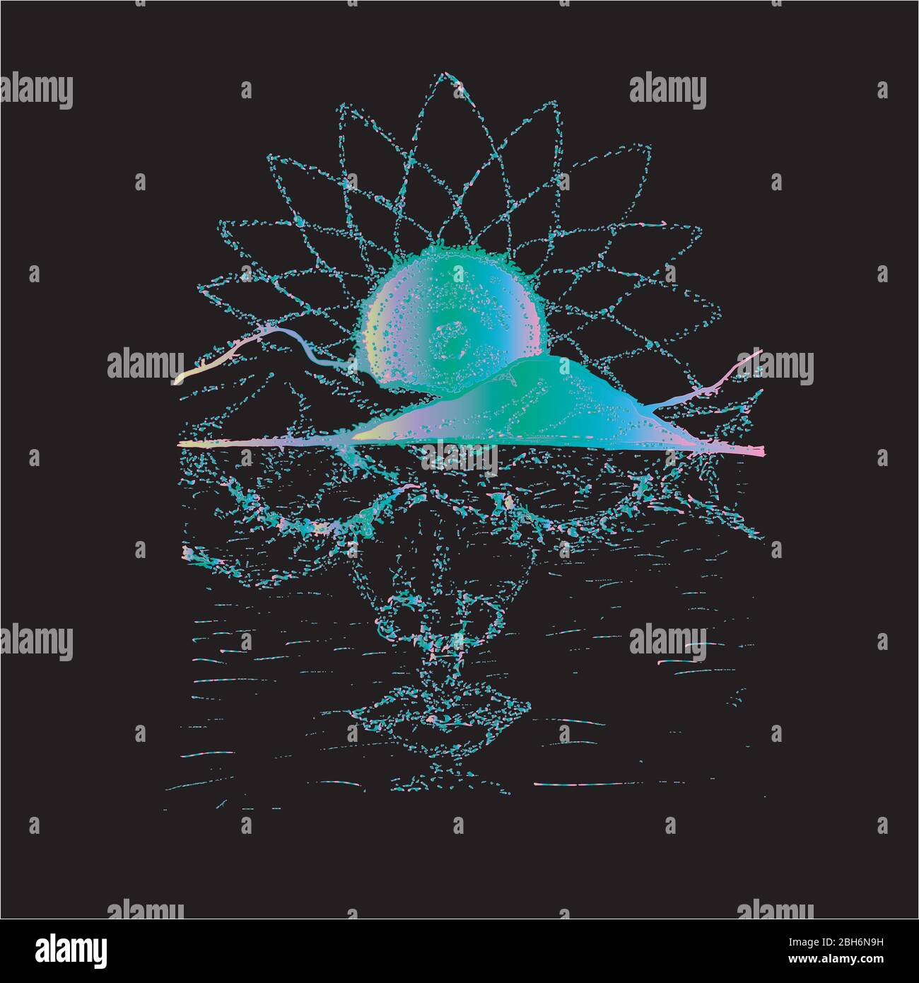 Gradient illustration of a meditative face with an ornamental moon ...