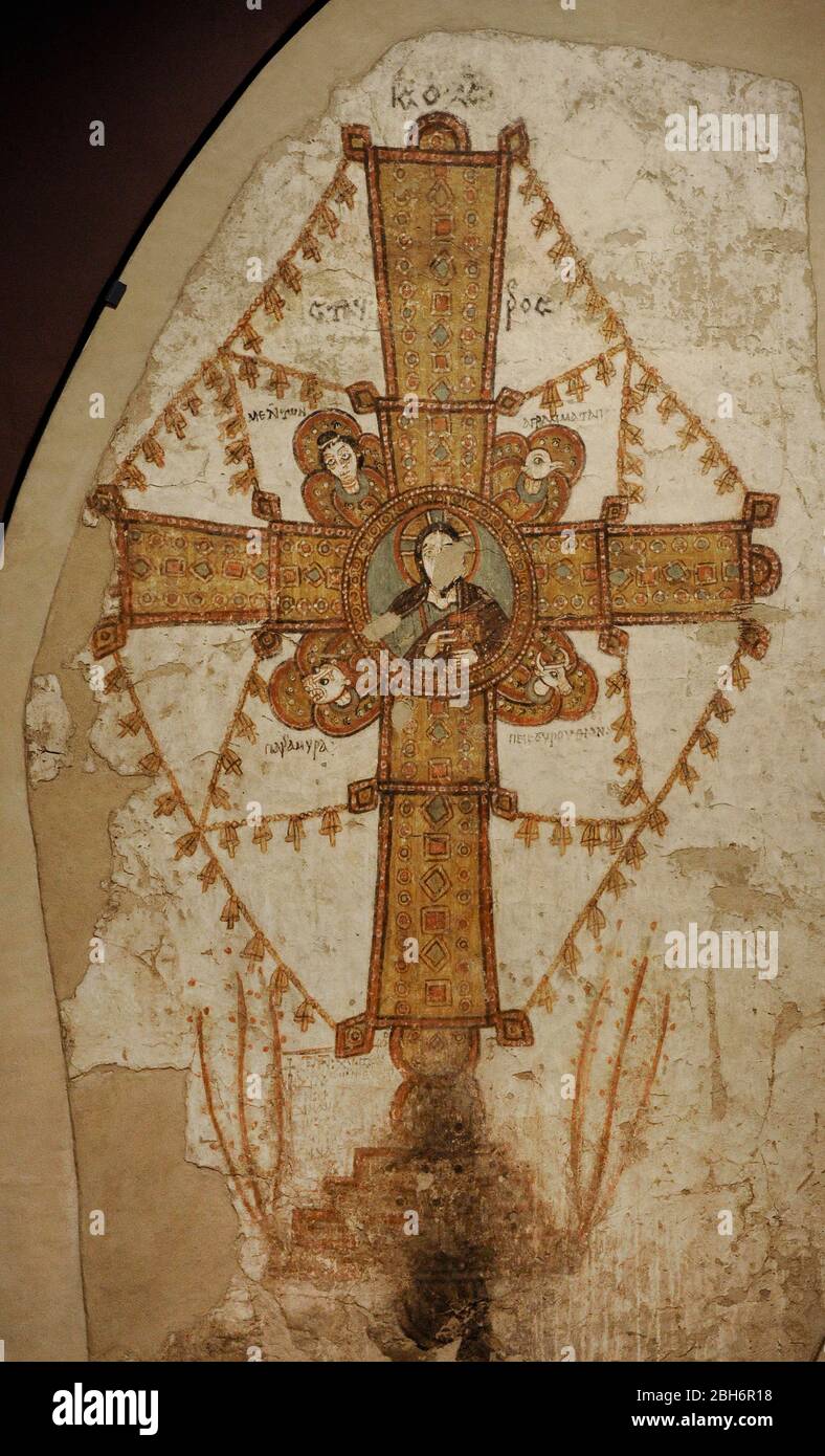 Fresco depicting the Cross, with the image of Christ in the center ...