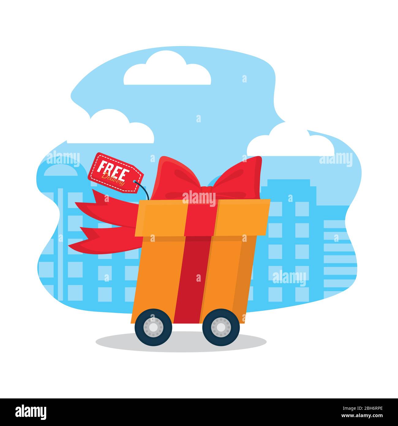 shopping online concept, fast cart with gift box over white background ...