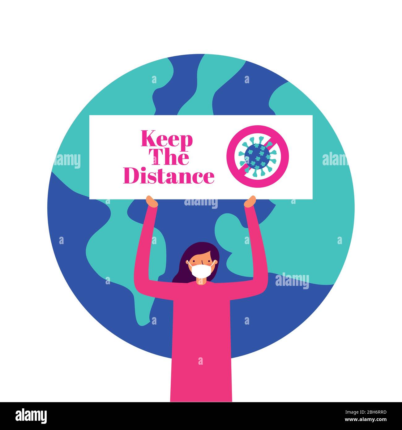 woman with keep the distance banner and earth planet Stock Vector Image ...