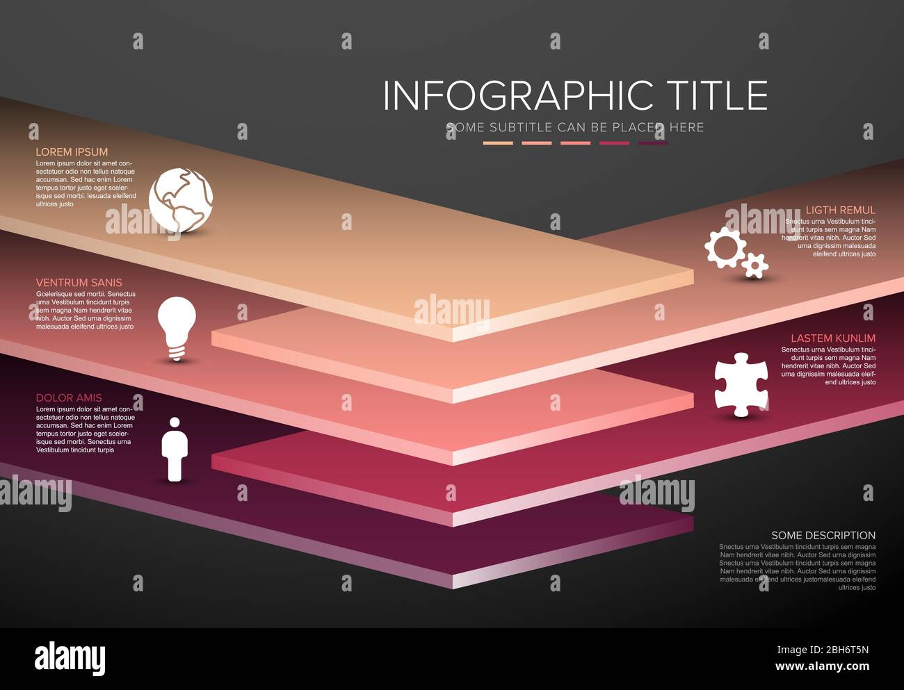 Vector Infographic layers template with five level desks for material structure - pink color ...