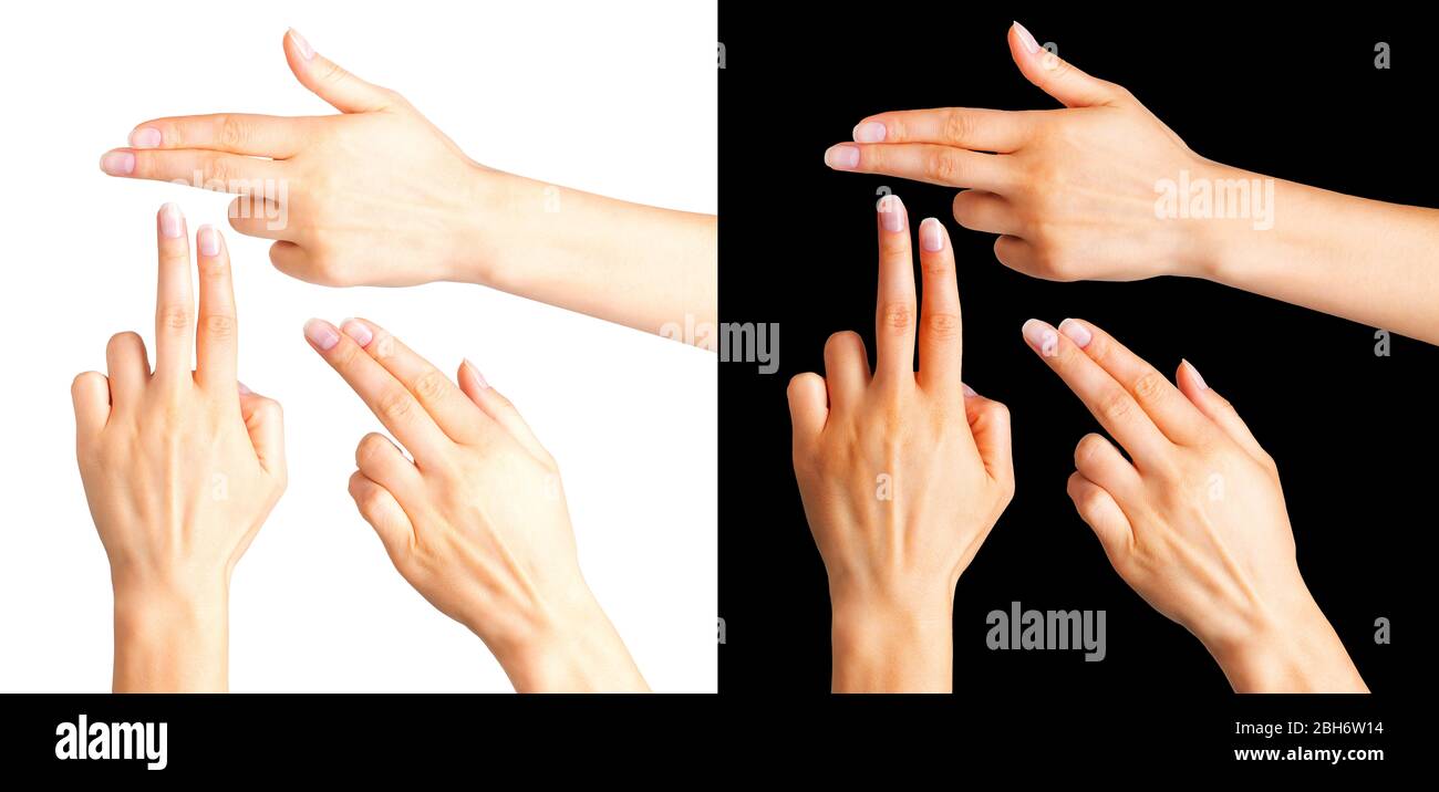 Female hands showing two fingers in the peace symbol Stock Photo - Alamy