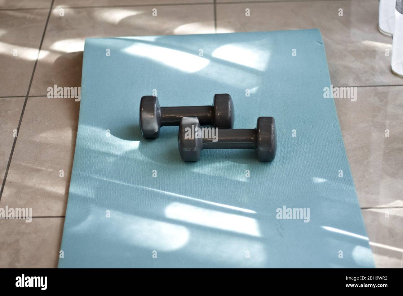 Gym workout at home with two small dumbbell weights and a gym mat ...