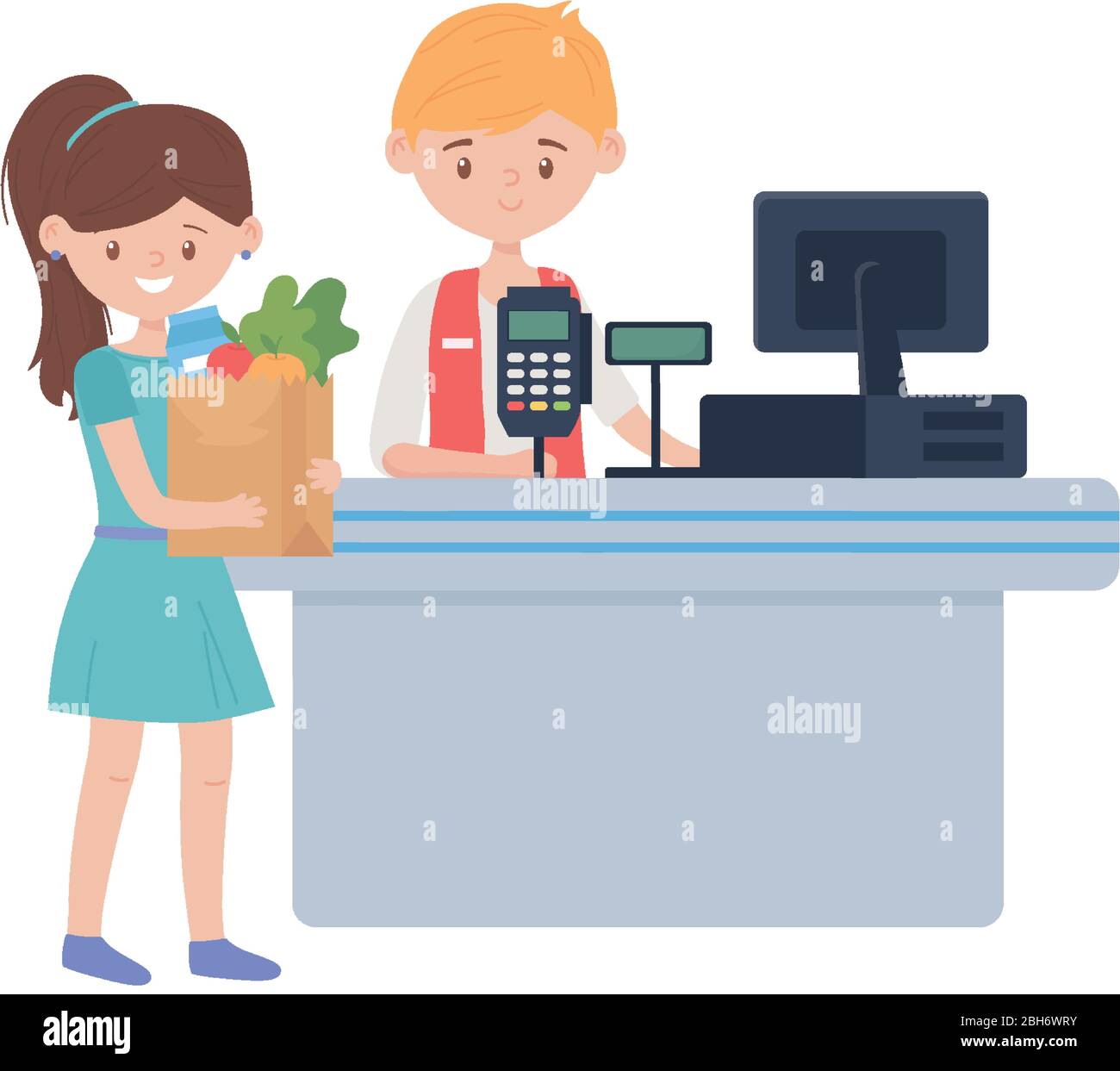 Counter with cash register seller and woman design of Shopping commerce ...