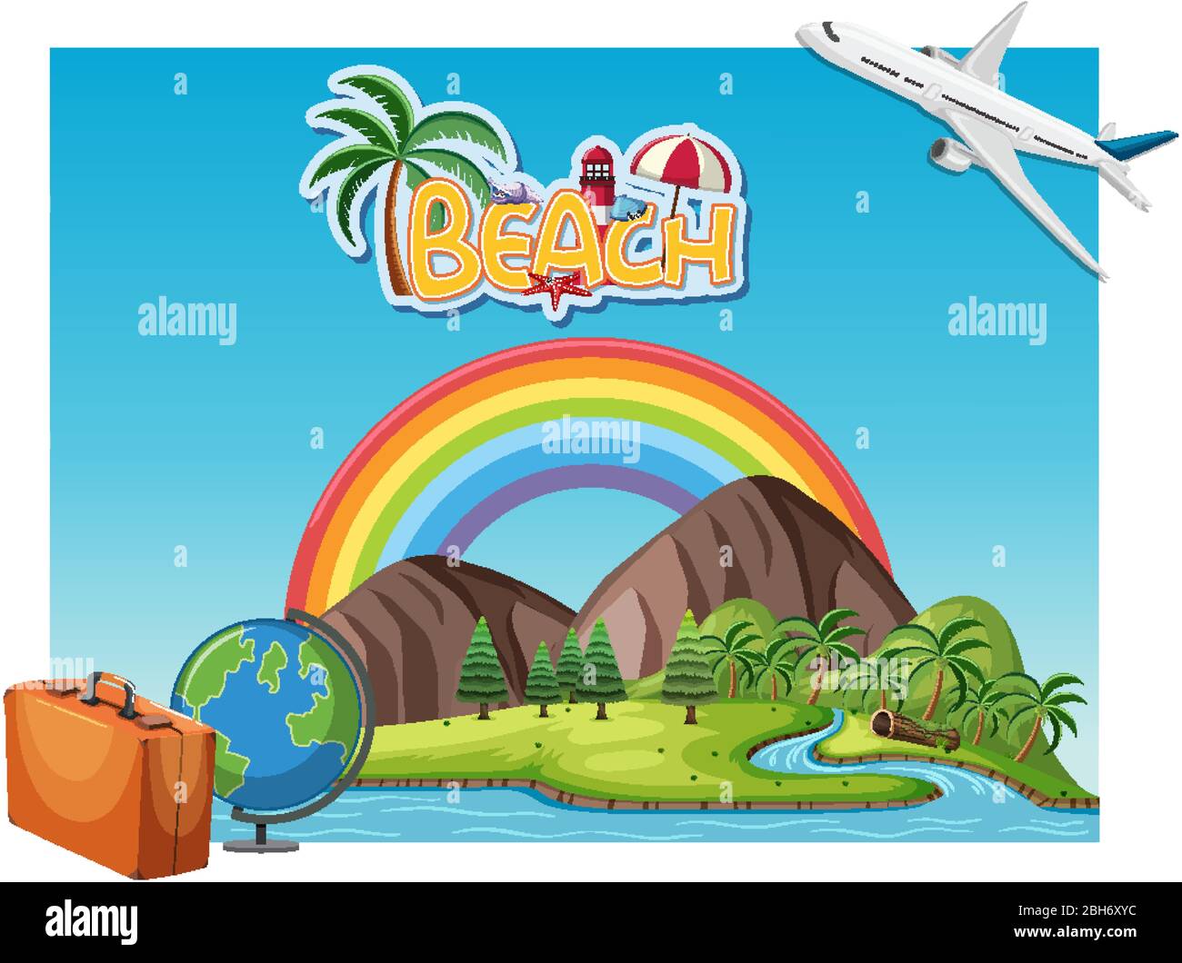 Poster design with scene of mountain and river illustration Stock ...