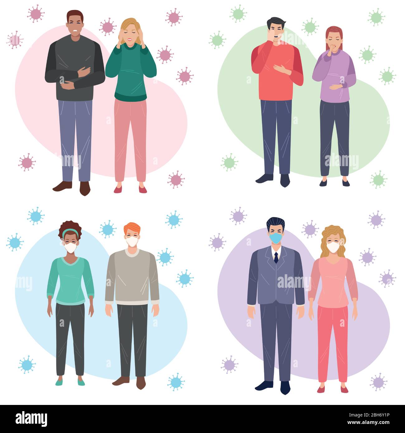 group of people sick with covid19 symptoms and others using face masks ...