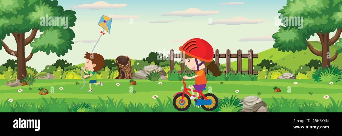 Background scene with kids playing in the park illustration Stock ...