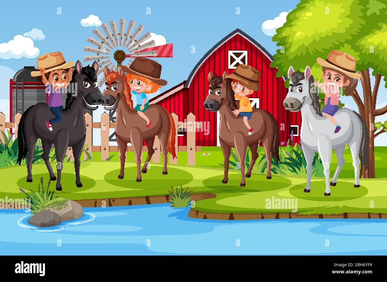 Background scene with kids riding horses in the park illustration Stock ...