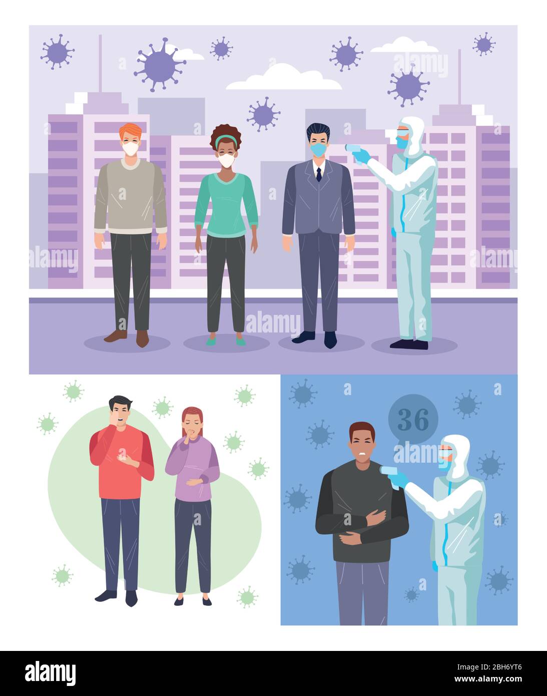 group of people sick with covid19 symptoms and doctor checking ...